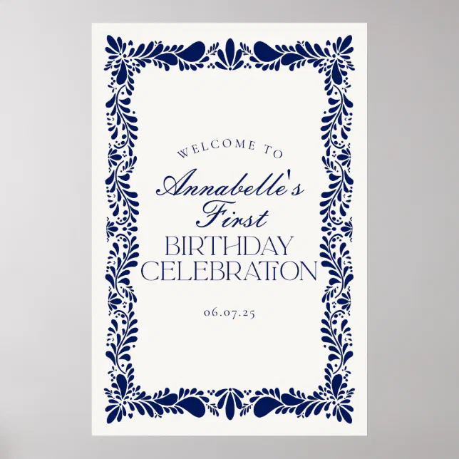 Blue Talavera Tile Fiesta Birthday Party Welcome Poster | Zazzle