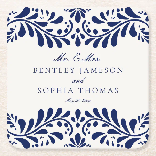 Blue Talavera Tile Spanish Style Fiesta Wedding Square Paper Coaster ...