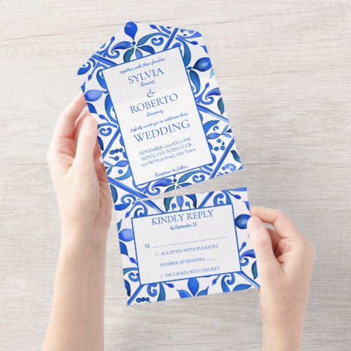 Blue Talavera tiles vintage Mexican wedding All In One Invitation | Zazzle