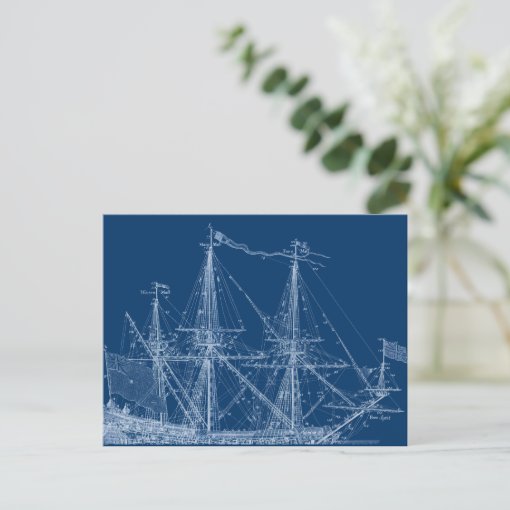 Blue Tall Sailing Ship Blueprint Postcard | Zazzle