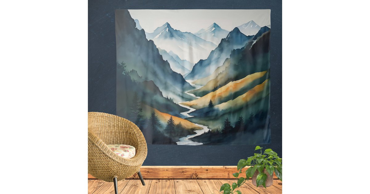 Blue Tan Mountain Scene Tapestry | Zazzle