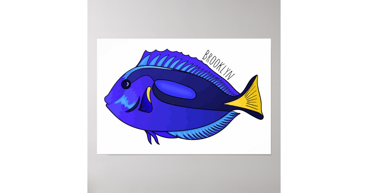 Blue tang fish cartoon illustration poster | Zazzle