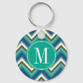 Blue & Teal Chevron Pattern with Monogram Keychain | Zazzle
