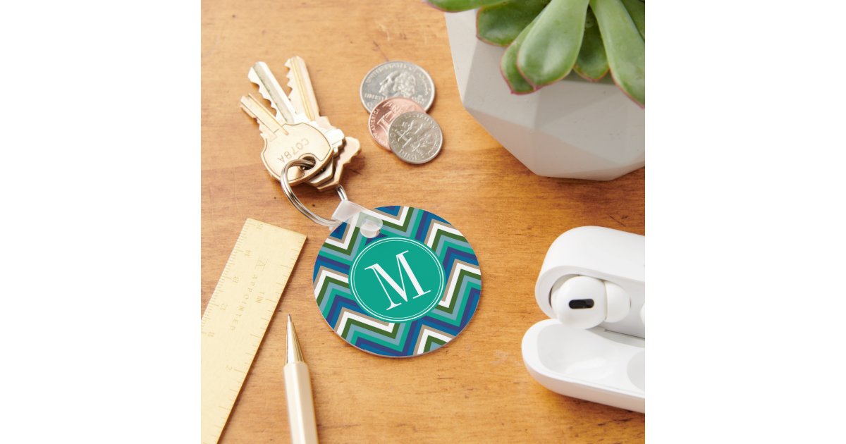 Blue & Teal Chevron Pattern with Monogram Keychain | Zazzle