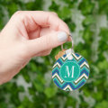 Blue & Teal Chevron Pattern with Monogram Keychain | Zazzle