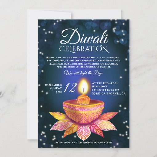 Blue teal Diwali Lamps light illustration script Invitation | Zazzle