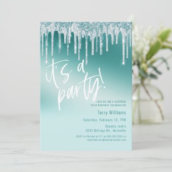Blue Teal Glitter Surprise 50th Birthday Party Invitation | Zazzle