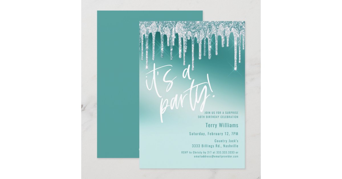 Blue Teal Glitter Surprise 50th Birthday Party Invitation | Zazzle