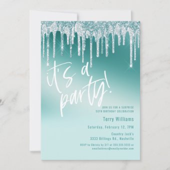Blue Teal Glitter Surprise 50th Birthday Party Invitation | Zazzle