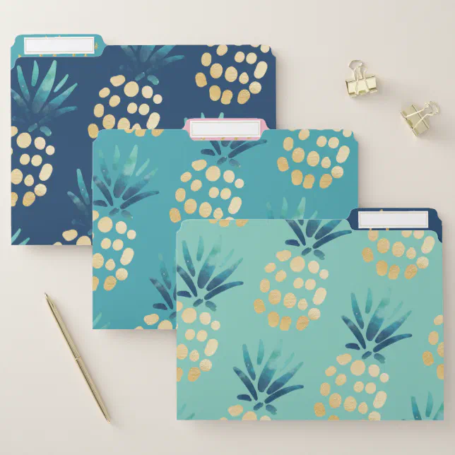 Blue, Teal & Gold Tropical Pineapple Fruit Pattern File Folder | Zazzle