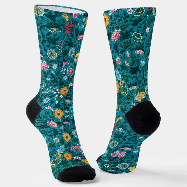 Blue Teal Green Red Pink Yellow Floral Pattern Socks | Zazzle