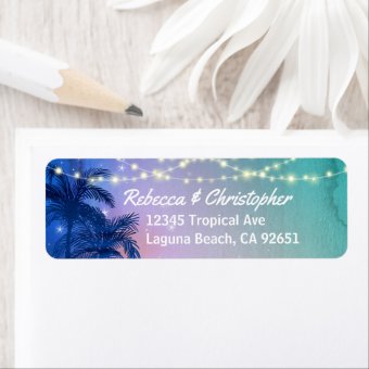 Blue Teal Pink Beach Palm Tree Return Address Label | Zazzle