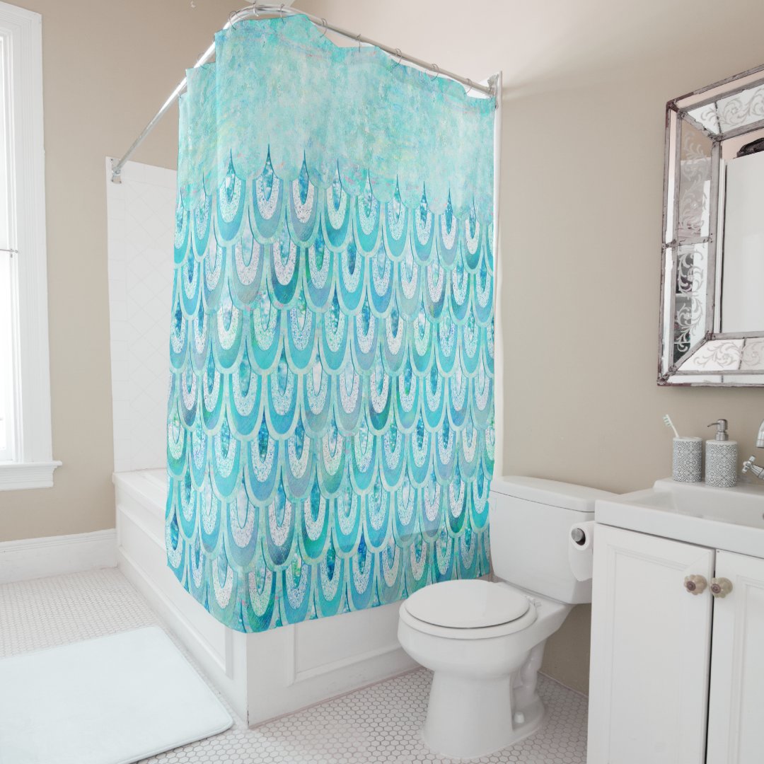 Blue Teal Shiny Mermaid Scales Fish Scales Shower Curtain | Zazzle