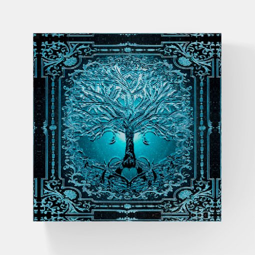 Blue Teal Tree of Life Ancient Rustic Inner Light Paperweight | Zazzle