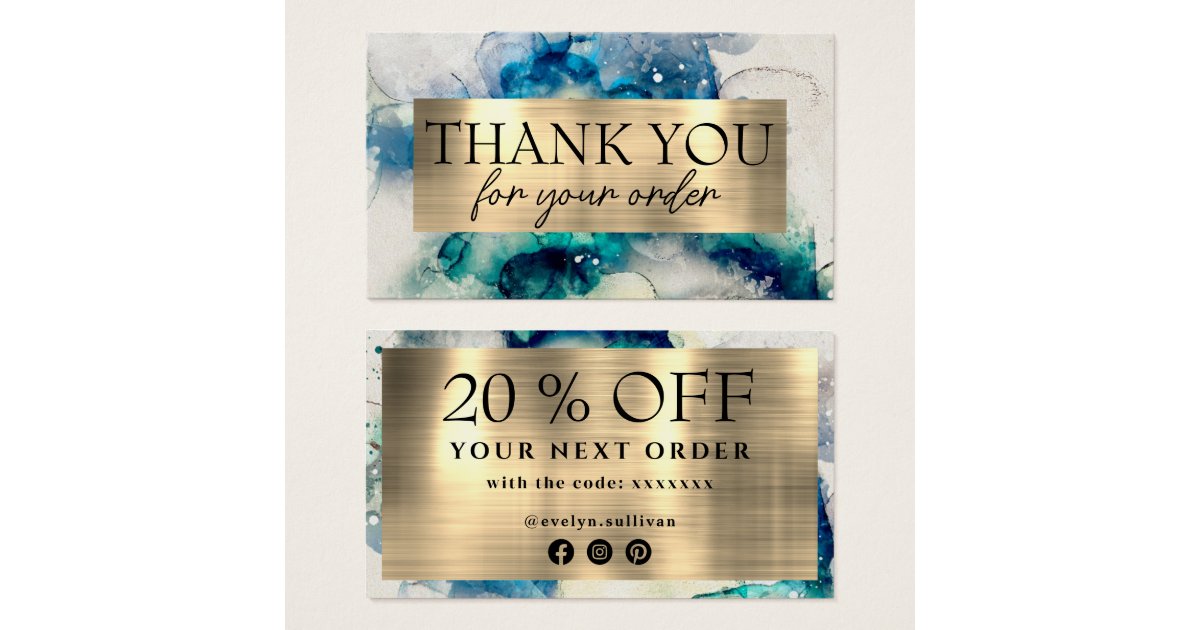 Blue teal watercolor thank you discount card | Zazzle