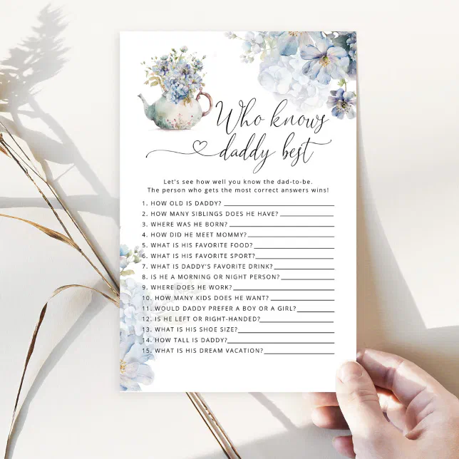 Blue teapot Who knows daddy best baby shower game | Zazzle