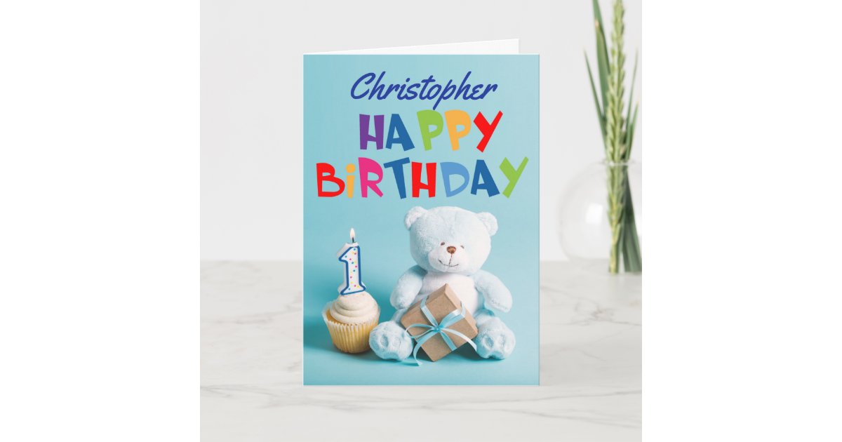 Blue Teddy Bear 1st Birthday Card | Zazzle