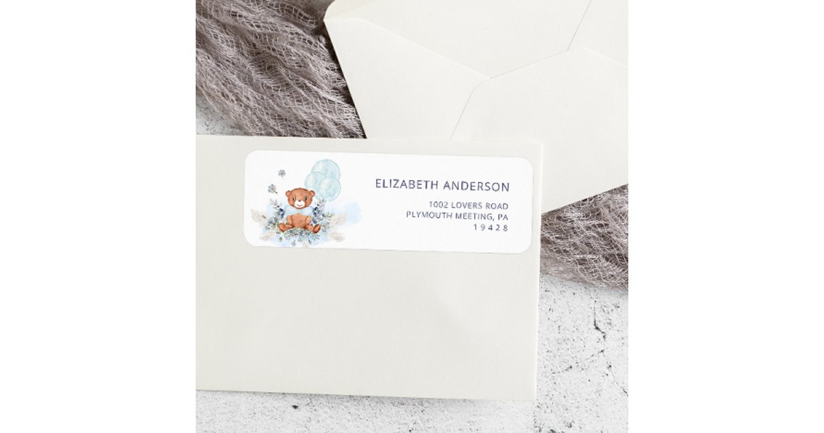 Blue Teddy Bear Balloon Baby Return Address Label | Zazzle