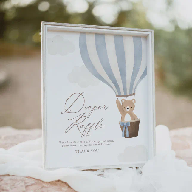 Blue Teddy Bear Balloon Baby Shower Diaper Raffle Poster | Zazzle