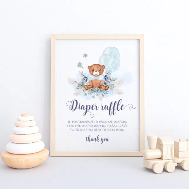Blue Teddy Bear Balloon Diaper Raffle Poster | Zazzle