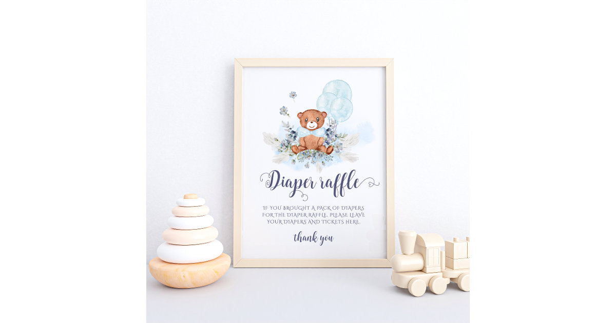 Blue Teddy Bear Balloon Diaper Raffle Poster | Zazzle