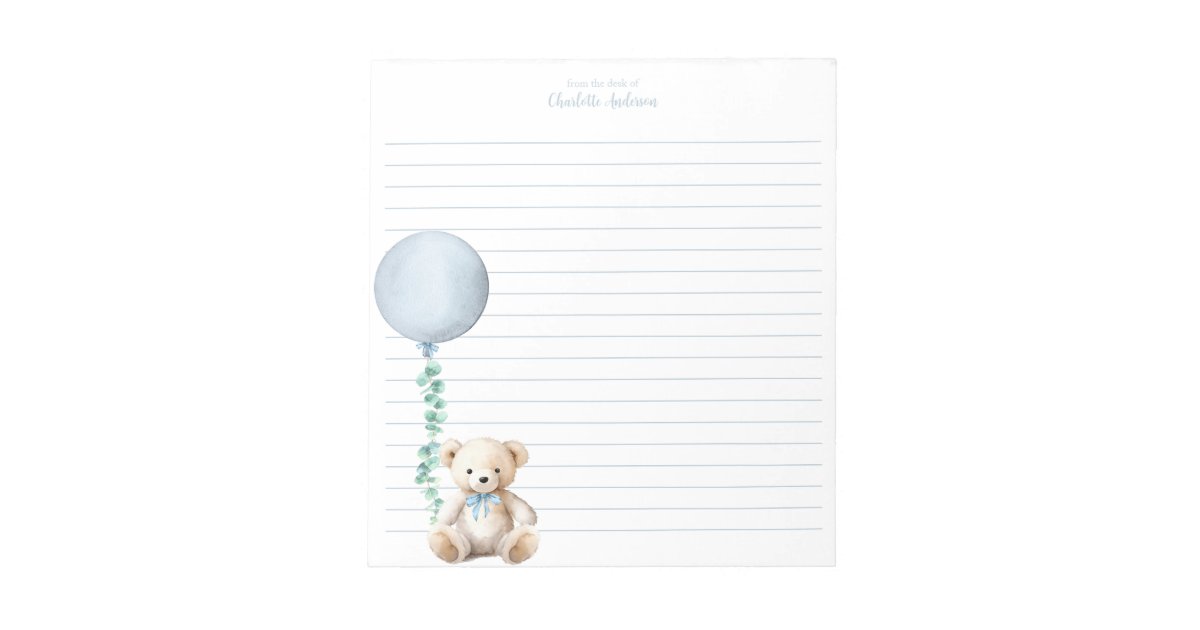 Blue Teddy Bear Balloon Personalized Notepad | Zazzle