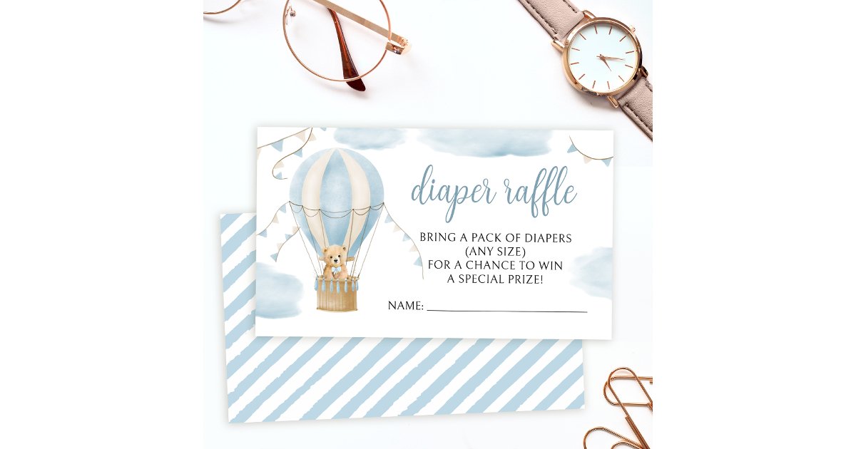 Blue teddy bear hot air balloon diaper raffle enclosure card | Zazzle