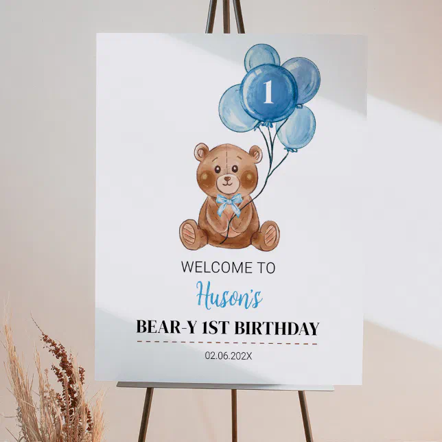Blue Teddy Bear Welcome Sign Birthday Party | Zazzle