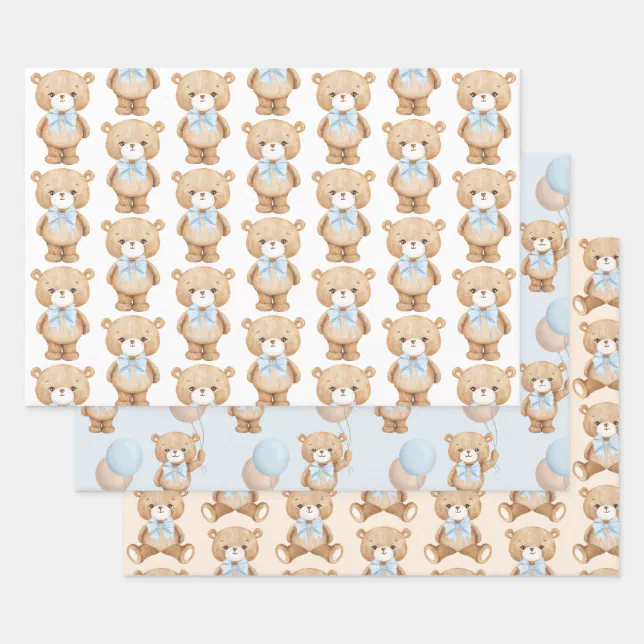 Blue Teddy Bear with Balloon Baby Boy 1st Birthday Wrapping Paper ...