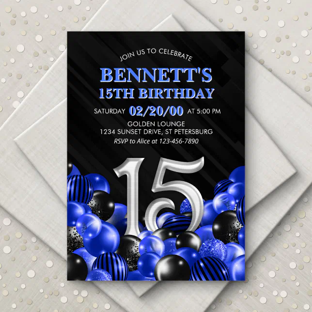 Blue Teen Boy 15th Birthday Invitation | Zazzle