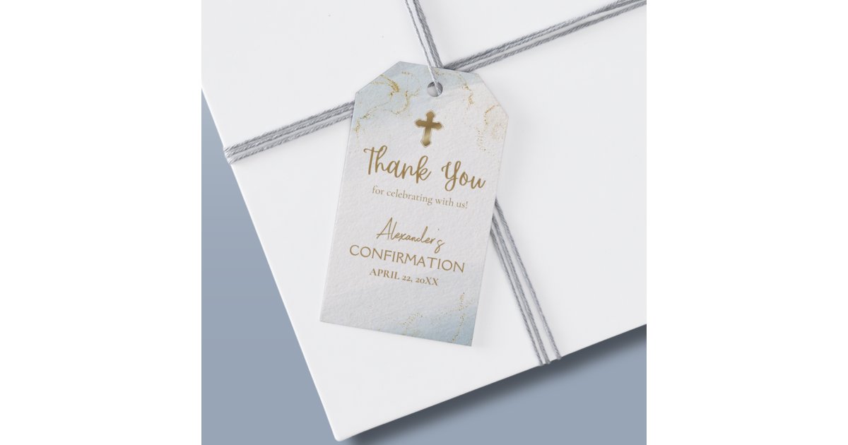 Blue Thank You Gold Cross Boy Confirmation Gift Tags | Zazzle