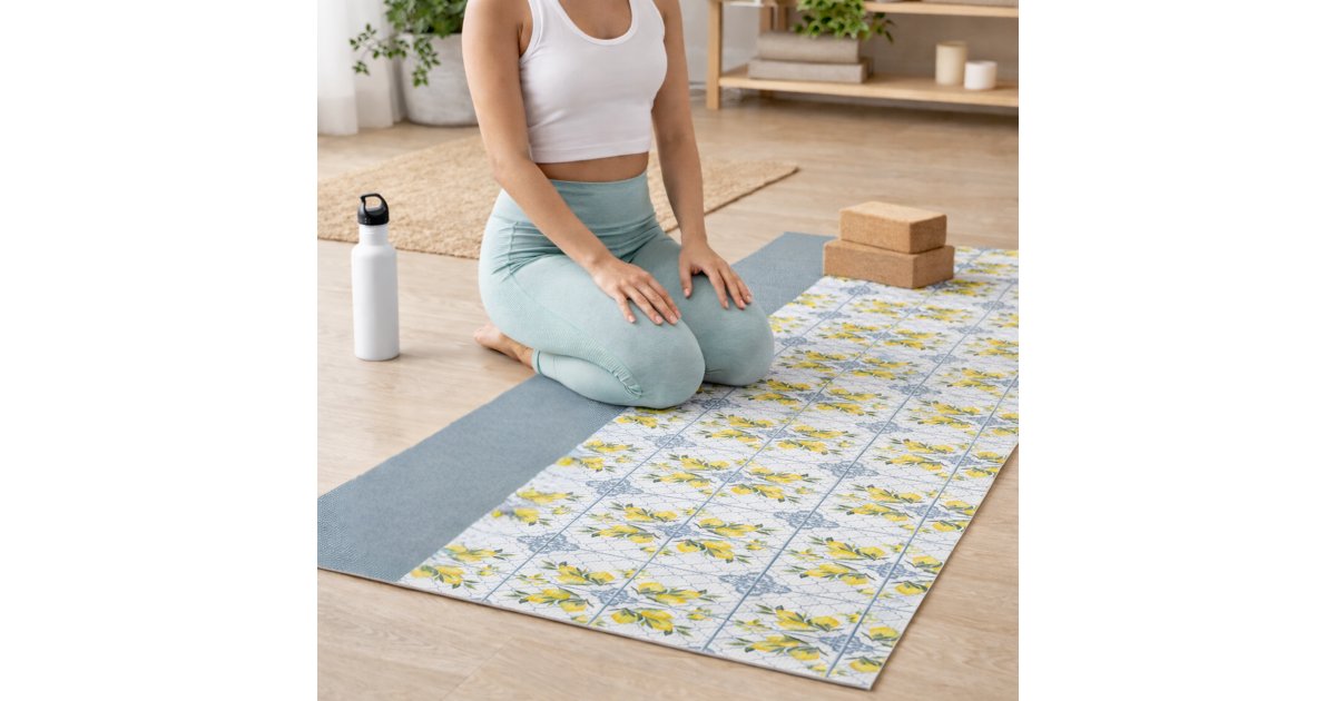 Blue Tile French Country Lemon Name Monogram Yoga Mat | Zazzle