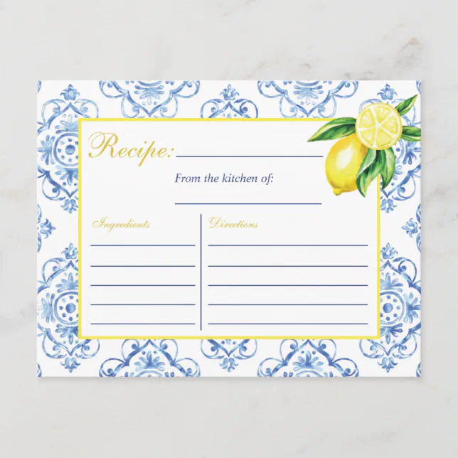 Blue Tile Italian Floral Lemon Recipe Card | Zazzle