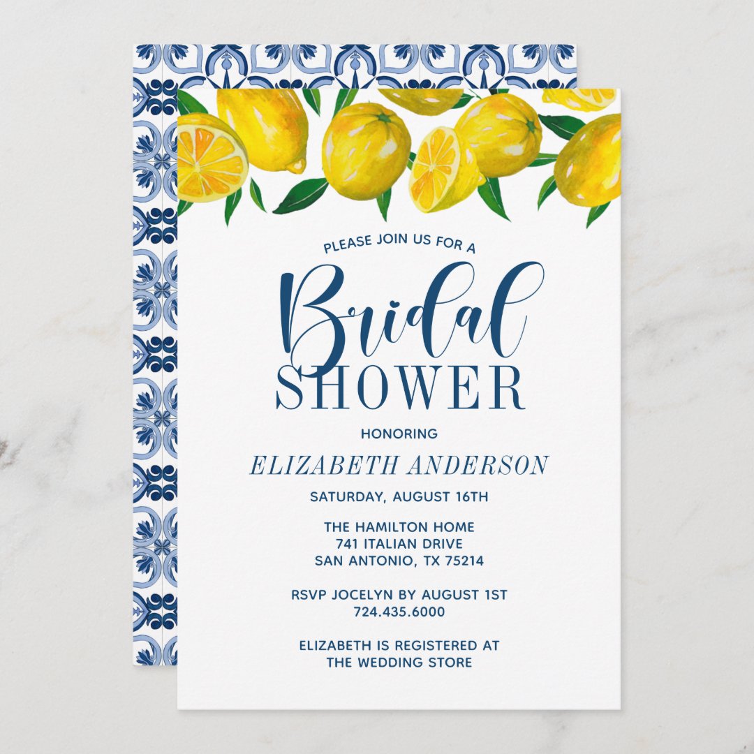 Blue Tile Italian Lemon Wedding Invitation | Zazzle