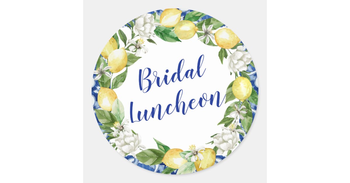 Blue Tile Lemon Bridal Luncheon Classic Round Sticker | Zazzle