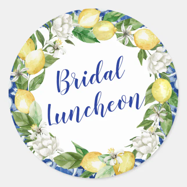 Blue Tile Lemon Bridal Luncheon Classic Round Sticker | Zazzle