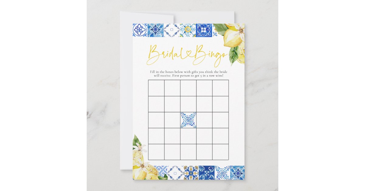 Blue Tile Lemon Bridal Shower Bingo Game Cards | Zazzle