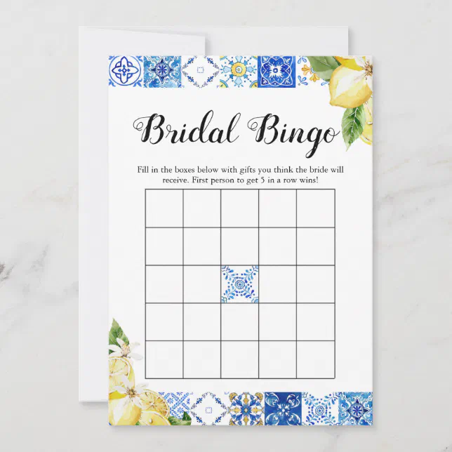 Blue Tile Lemon Bridal Shower Bridal Bingo Game Invitation | Zazzle