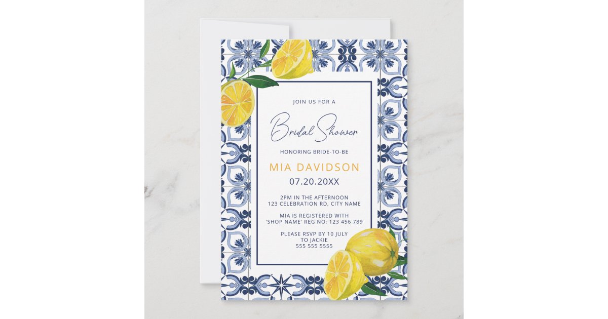 Blue Tile & Lemon Citrus Summer Bridal Shower Invitation | Zazzle