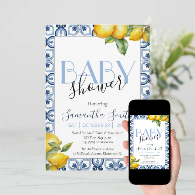 Blue Tile Lemon Italian Baby Shower Invitation | Zazzle