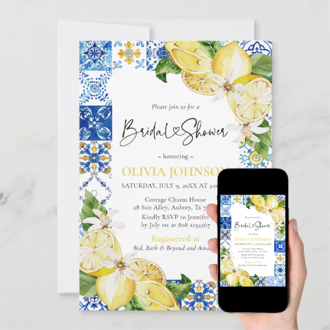 Blue Tile Lemon Italian Bridal Shower Invitation | Zazzle