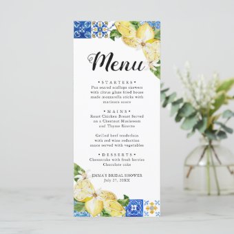 Blue Tile Lemon Italian Bridal Shower Menu Card | Zazzle