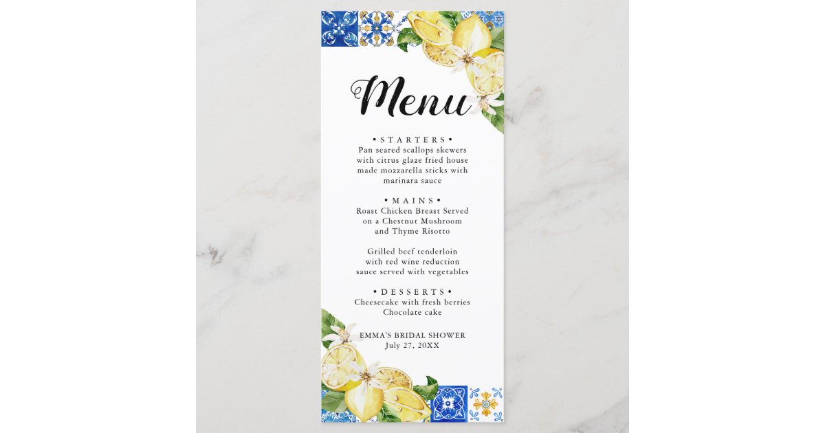 Blue Tile Lemon Italian Bridal Shower Menu Card | Zazzle