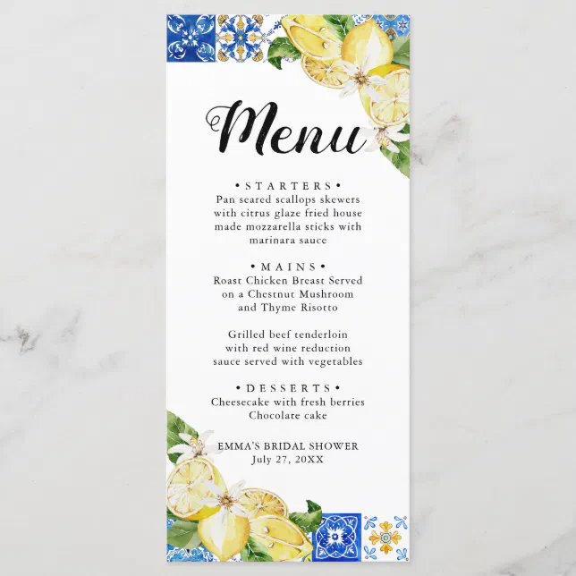 Blue Tile Lemon Italian Bridal Shower Menu Card | Zazzle