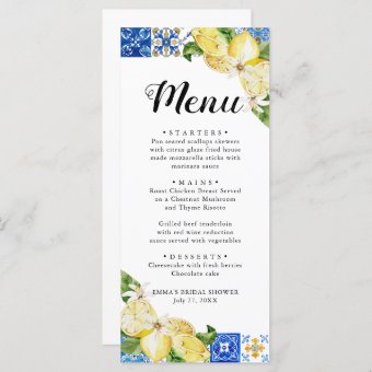 Blue Tile Lemon Italian Bridal Shower Menu Card | Zazzle