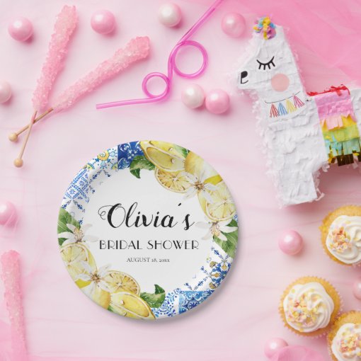 Blue Tile Lemon Italian Bridal Shower Paper Plate | Zazzle