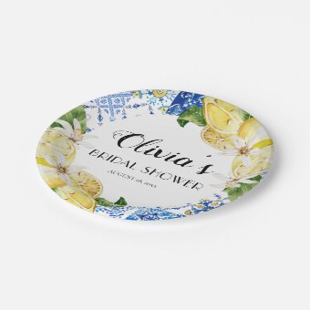 Blue Tile Lemon Italian Bridal Shower Paper Plate | Zazzle