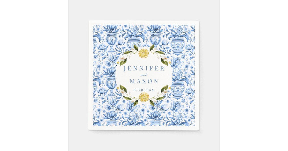 Blue tile lemon Italian wedding paper napkins | Zazzle
