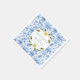 Blue tile lemon Italian wedding paper napkins | Zazzle
