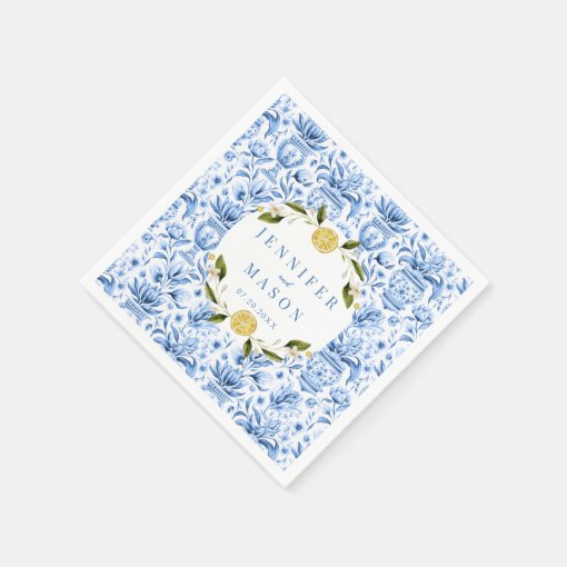 Blue tile lemon Italian wedding paper napkins | Zazzle